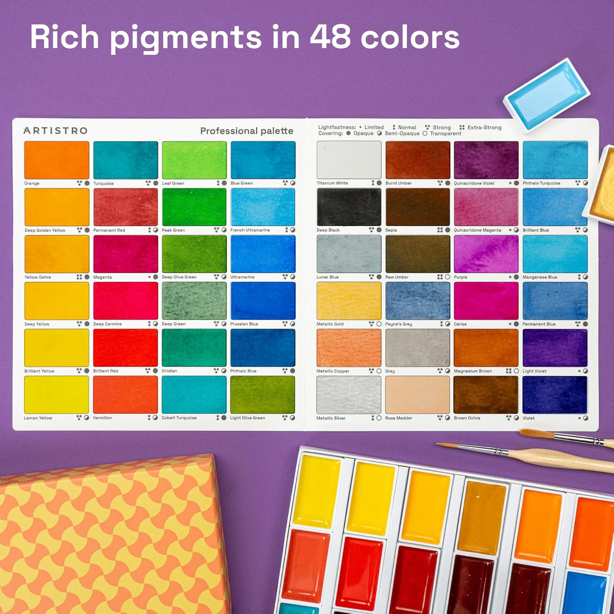 ARTISTRO Professional Watercolor Paint Set for Adults - 48 Pigment-Ric