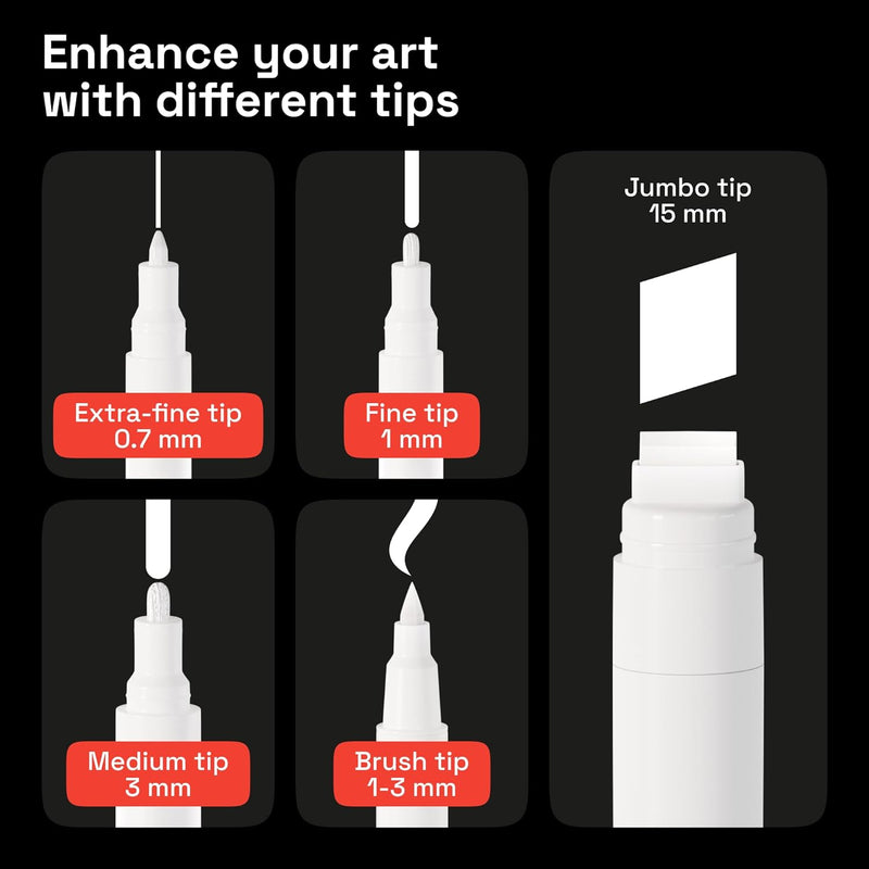 5 White Markers Different Tips - Acrylic Markers