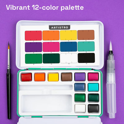 Watercolor Paint Set 12 Colors, Travel Watercolor Set in Portable Box