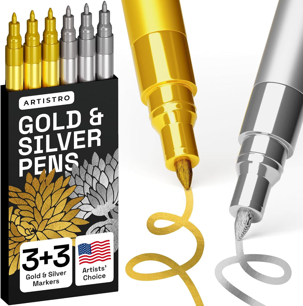 ARTISTRO 6 Gold & Silver Metallic Acrylic Paint Pens – 0.7mm Extra Fin