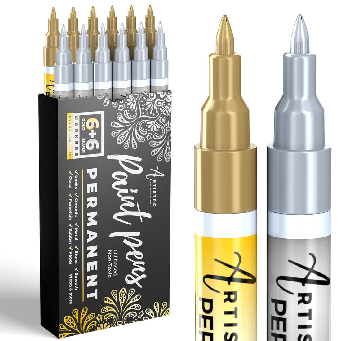 Silver Paint Pen Set: 12 Gold & Silver ink pens | Artistro silver paint pen