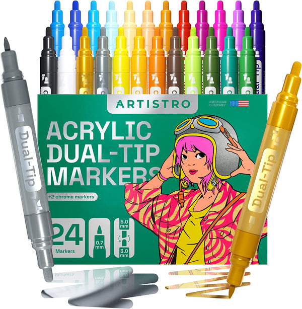 24 Dual-Tip Acrylic Paint Markers Extra Fine & Medium tip + Chisel wit